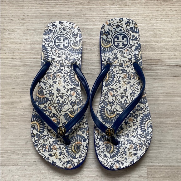 Tory Burch | Shoes | Tory Burch Navy And Cream Patterned Sandals | Poshmark